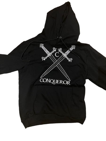 Black hoody with white big logo – Conqueror Clothing